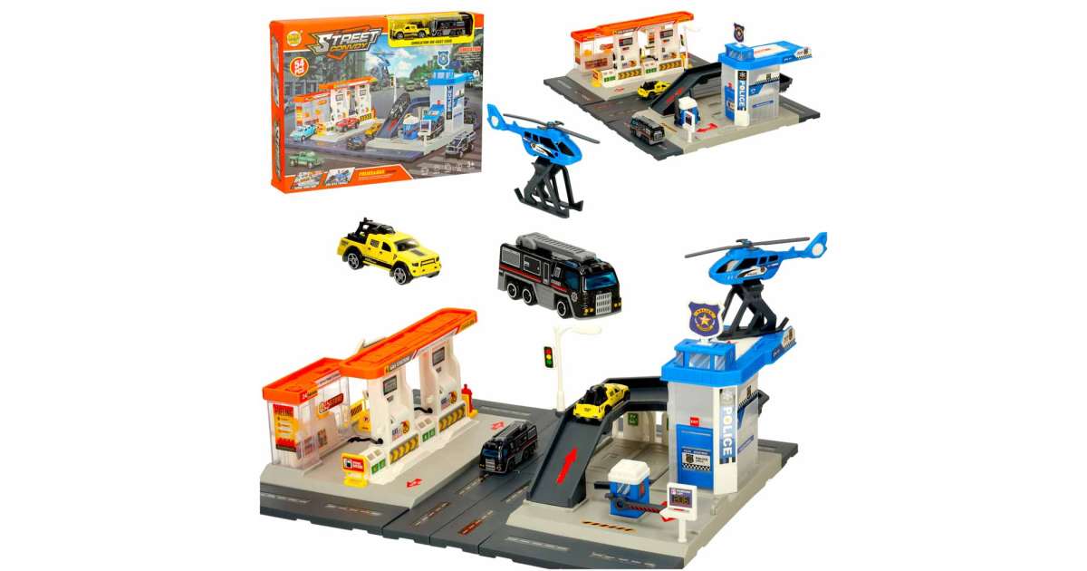 Petrol station police car park set. Wholesale, import. Wholesaler Ikonka.