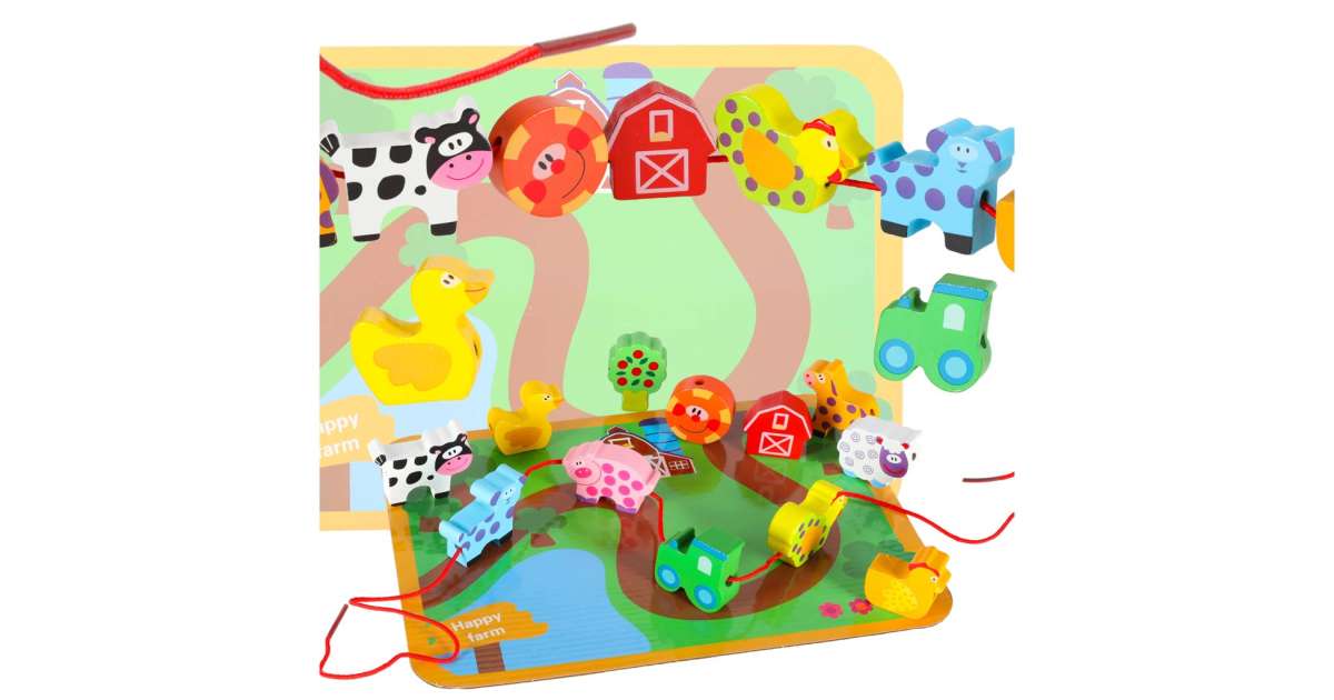 Wooden blocks for threading board board board farm animals - Ikonka ...
